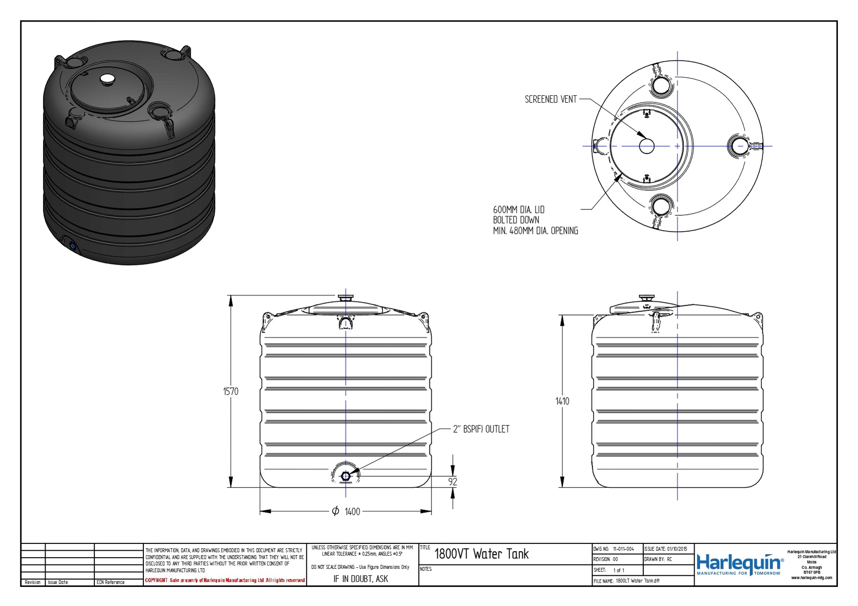 Harlequin Above Ground Potable Water Tank Vertical 1800L — Water Parts ...